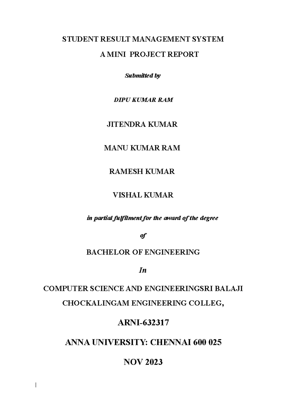 Student Result Management System Project Report - B.E. CSE Final ...