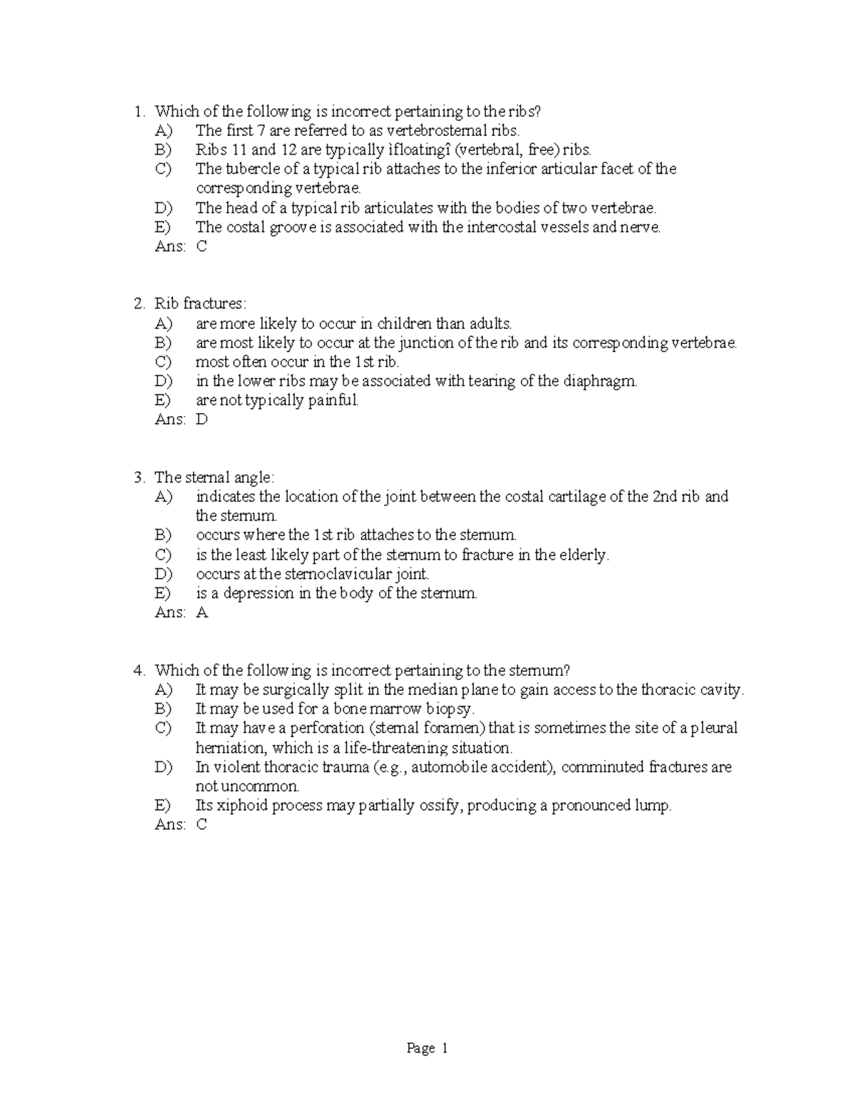 Anatomy Course: Chapter 1 - Thorax Practice Questions - Studocu