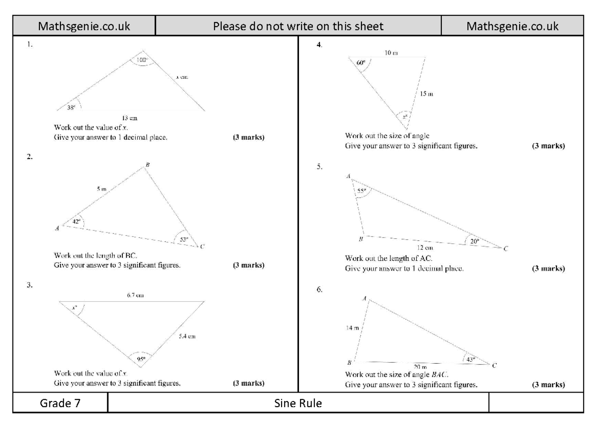 Grade 7 Maths Sine Rule Worksheet - Gigs - Studocu
