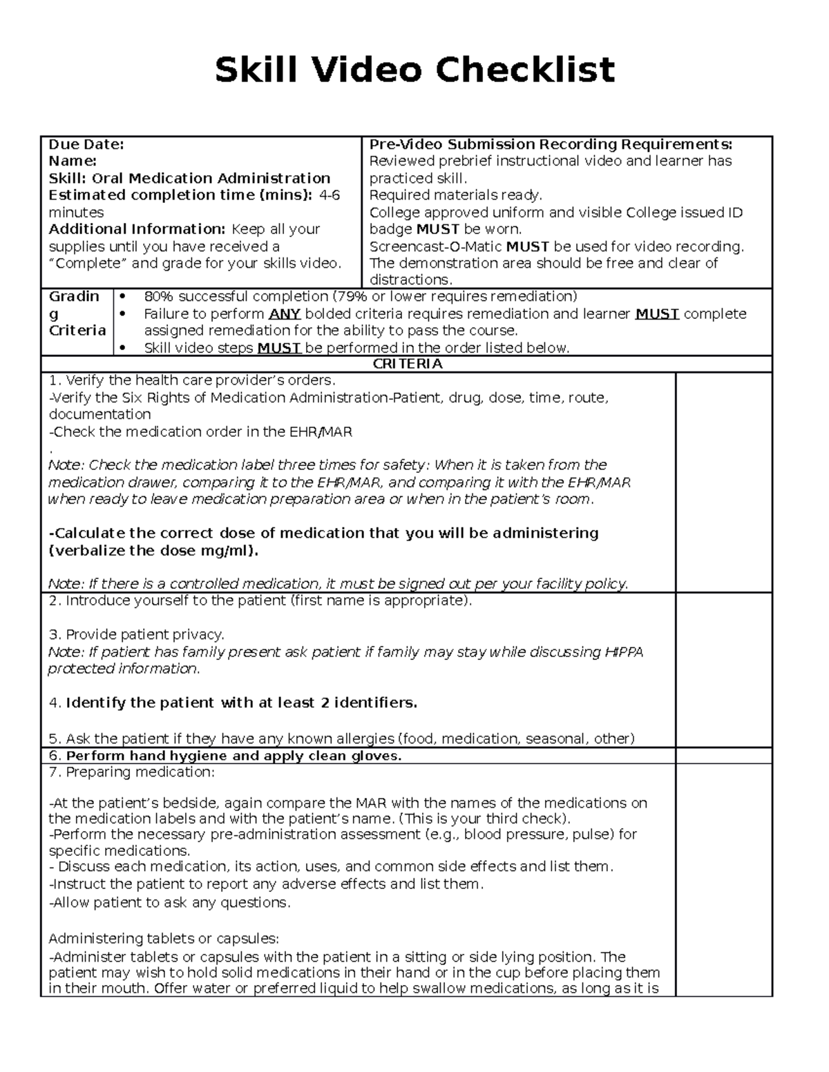 Oral Medication Administration Skill Video Checklist (Course Code: NURS ...
