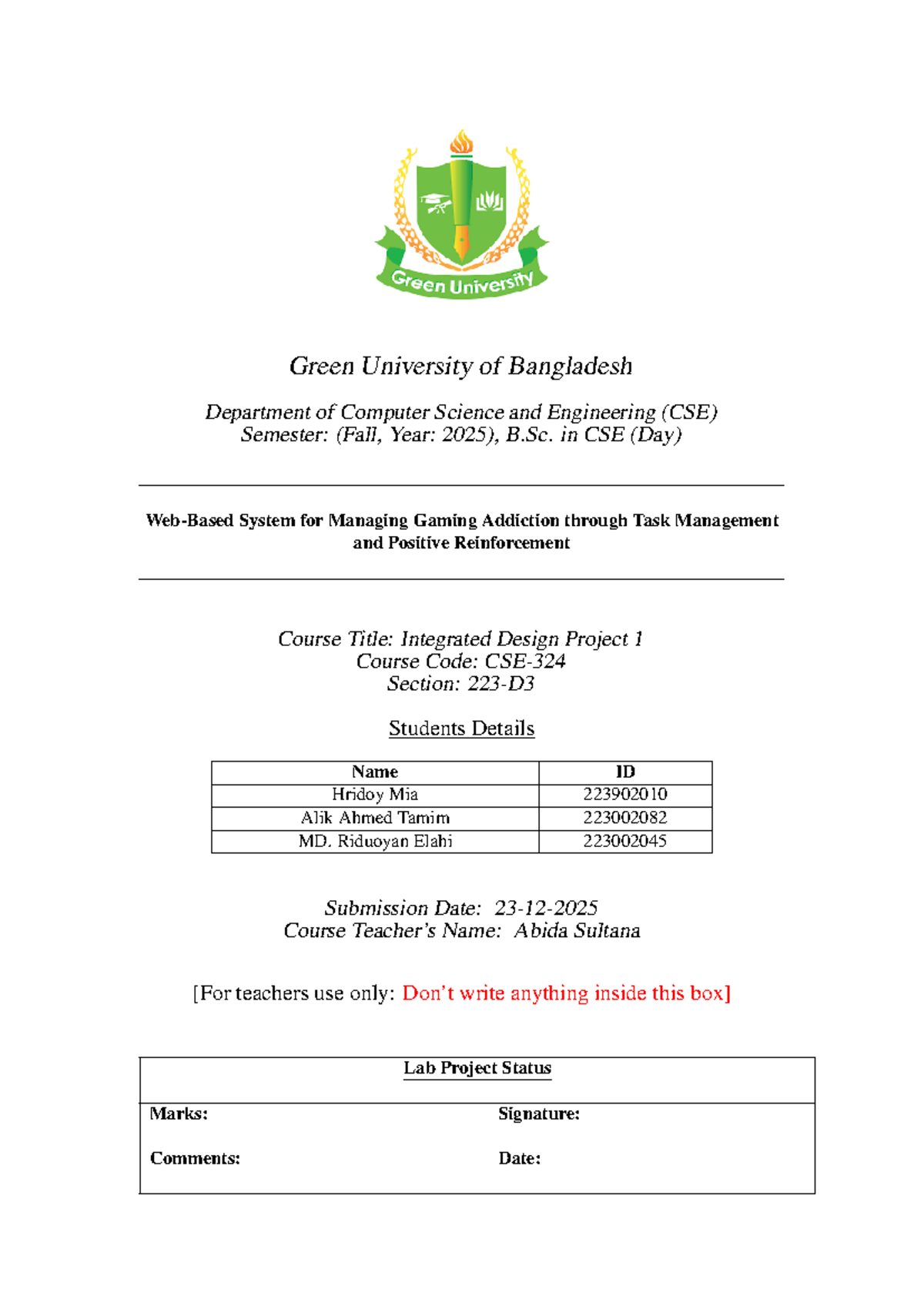 CSE IDP: Managing Gaming Addiction via Task Management & Reinforcement ...