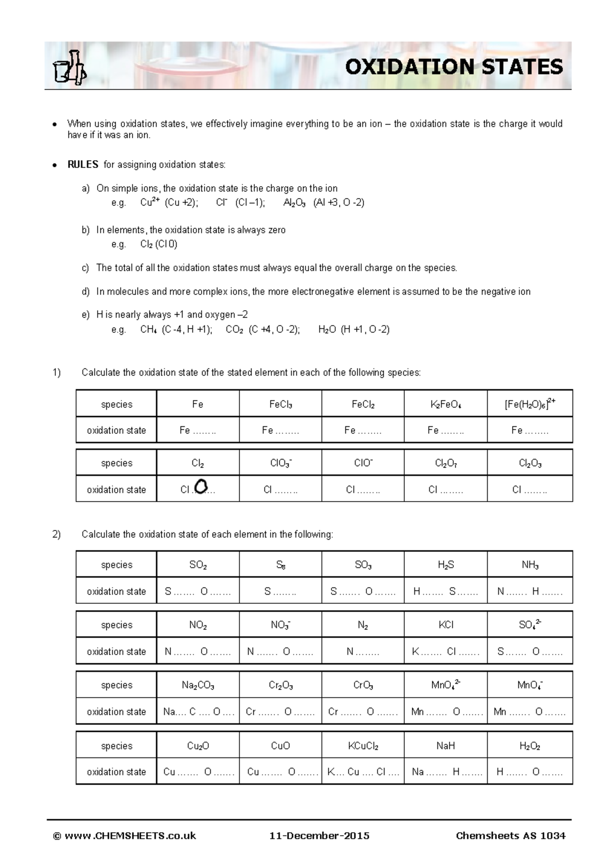 Chemistry AS 1034 Oxidation States Worksheet & Calculations - Studocu