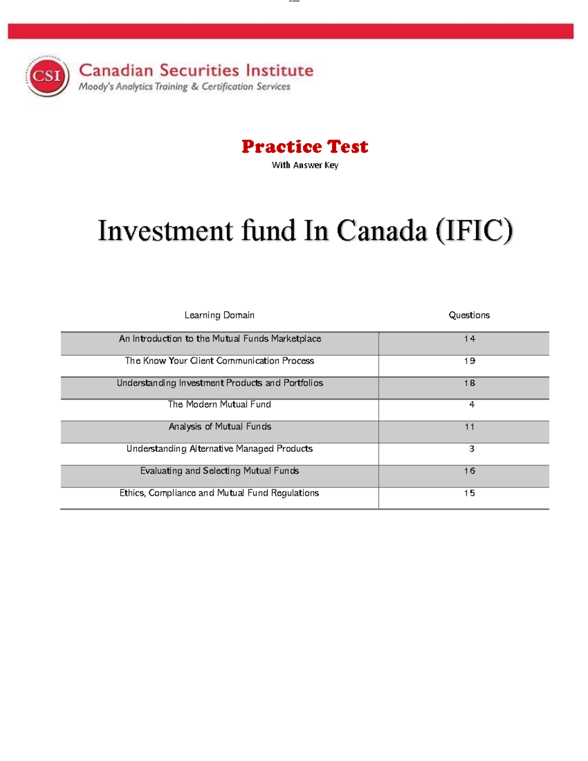 IFIC Practice Test 1: Questions & Answer Key for Mutual Funds - Studocu