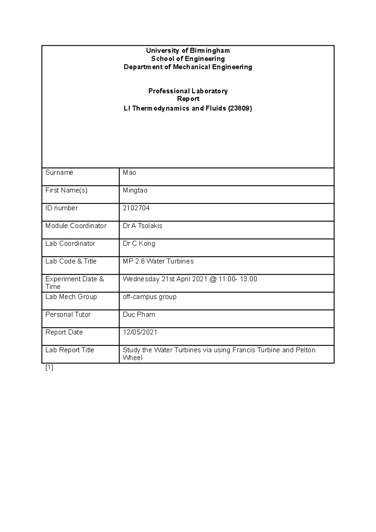 Professional Lab Report on Water Turbines (LI 23809) 2020-21 - Studocu
