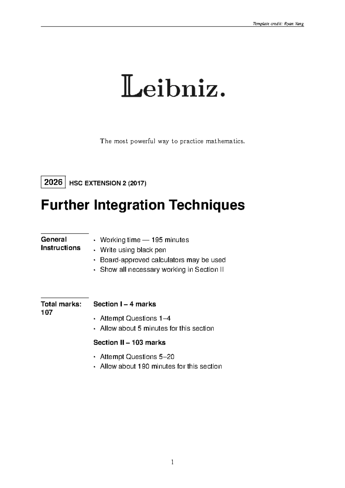 Further Integration Techniques Questions - 2026 HSC EXTENSION 2 - Studocu