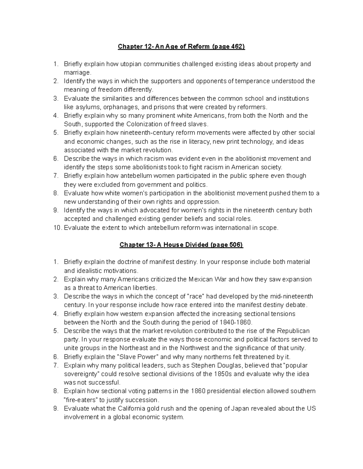 APUSH Chapter 12-15 Reform and Civil War Review Questions - Studocu