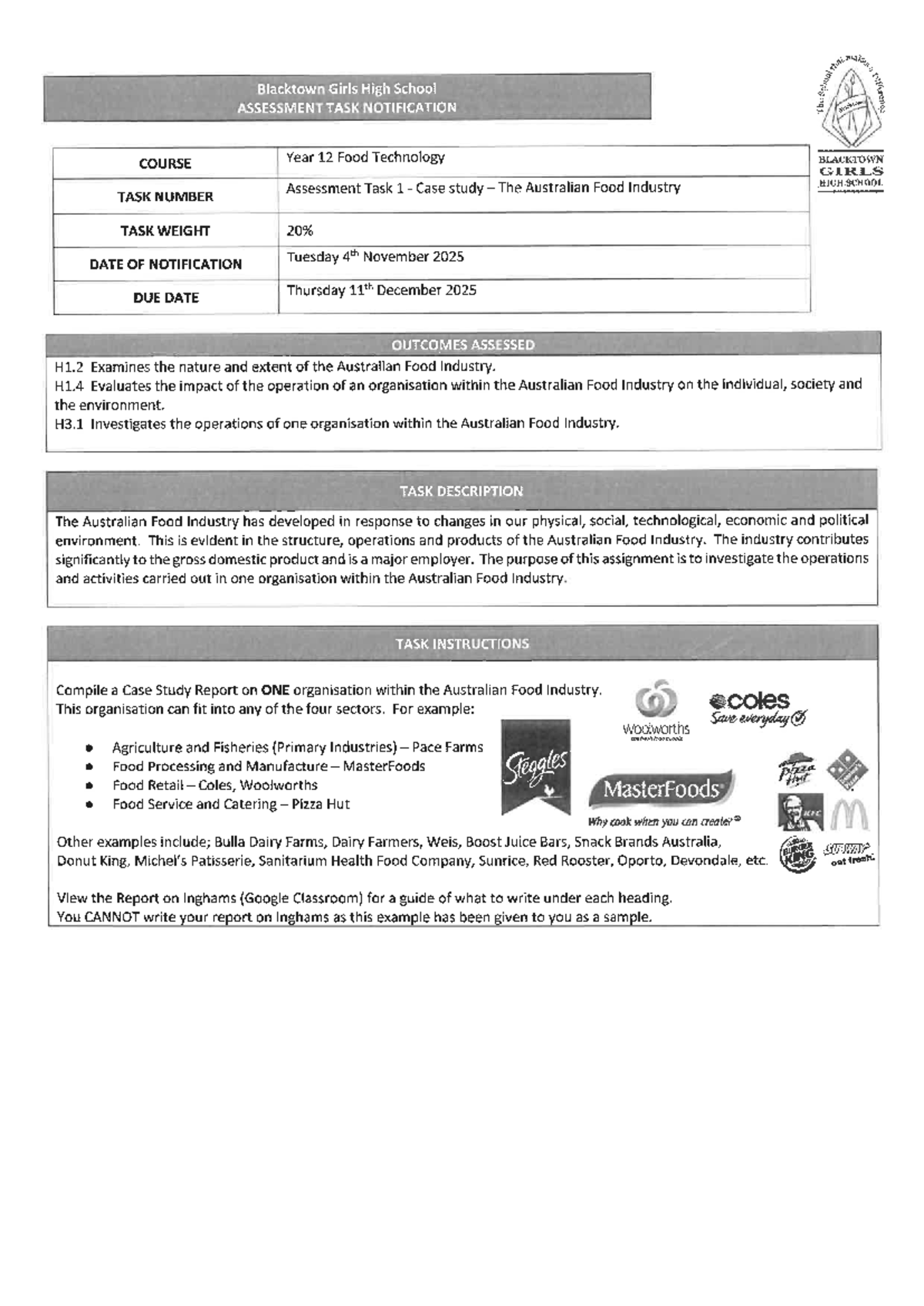 Year 12 Food Technology AT1: Case Study on the Australian Food Industry ...