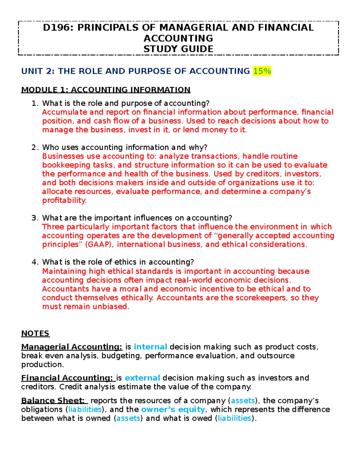 D196 Study Guide Answers & Notes - D196: PRINCIPALS OF MANAGERIAL AND ...