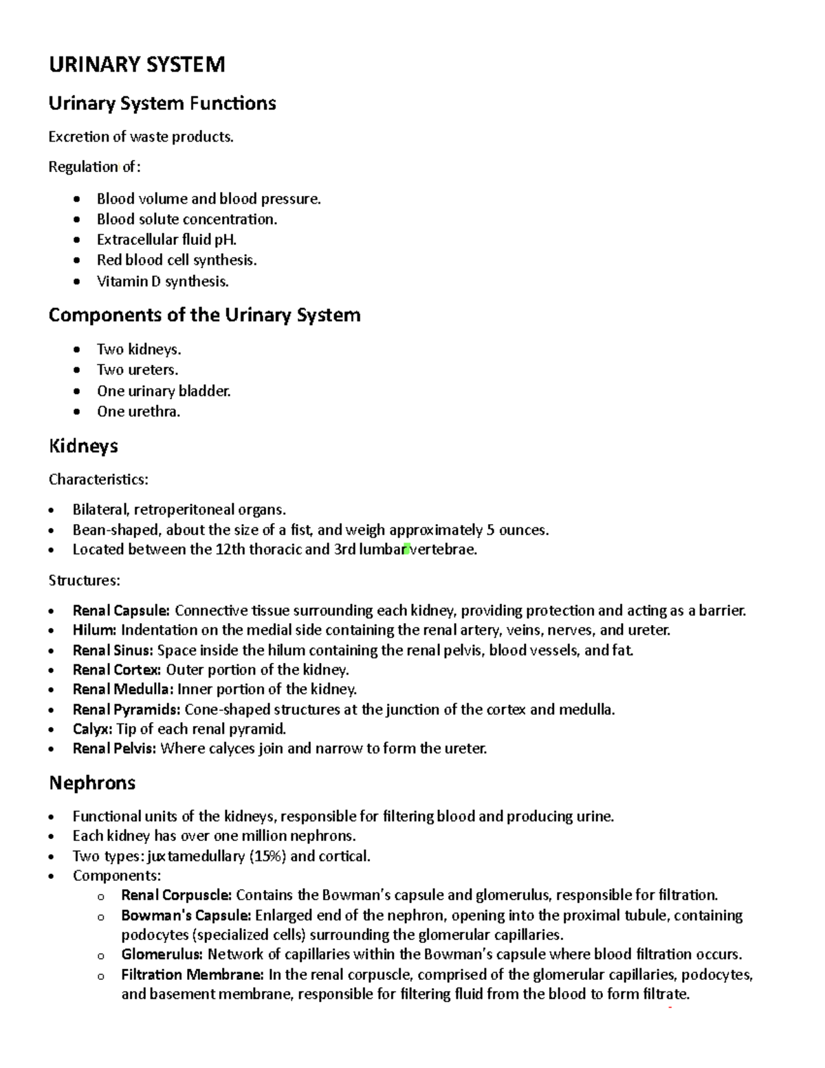 Urinary System - Finals Reviewer Notes for Biology 101 - Studocu