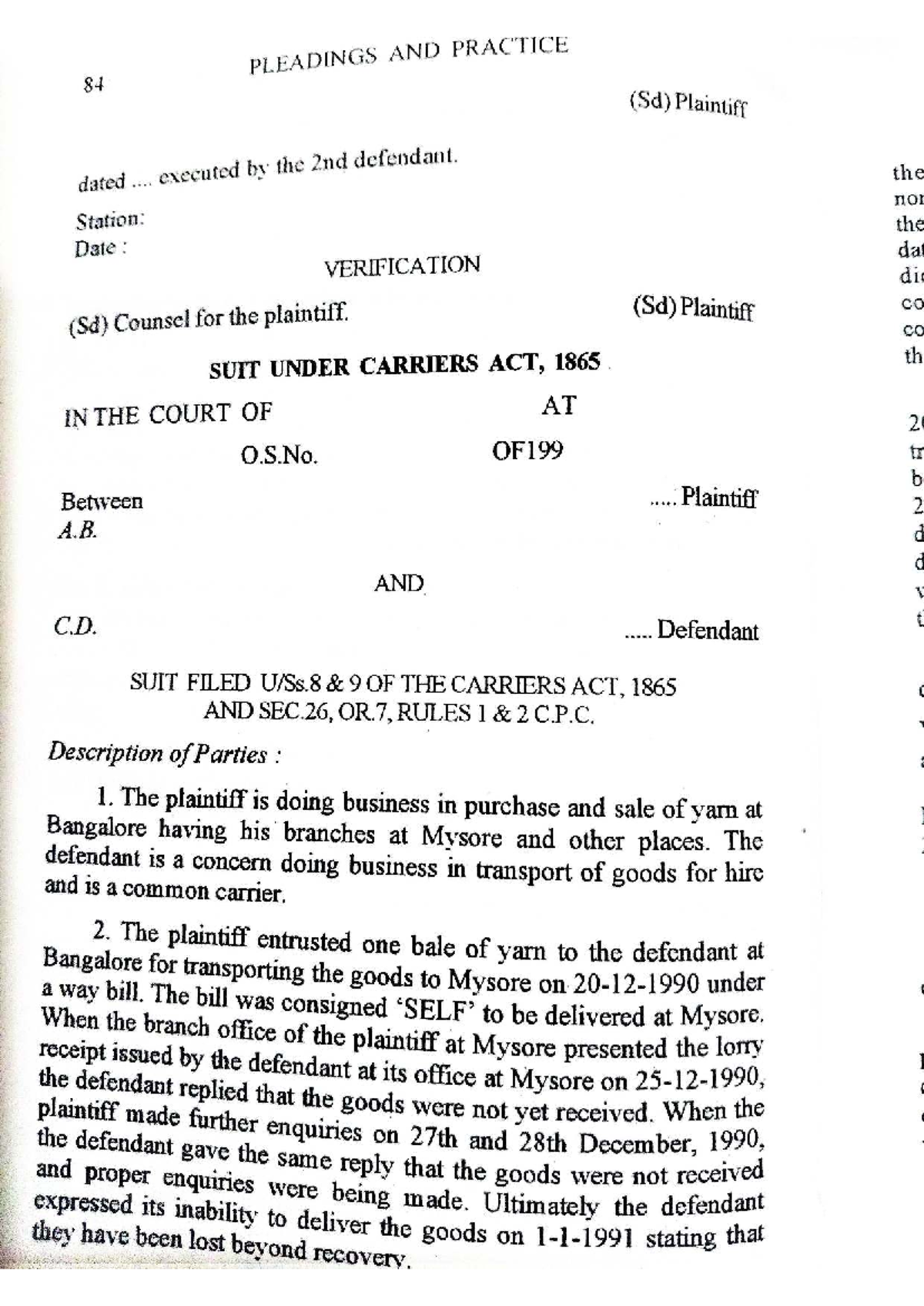 Suit Under Carriers Act, 1865 - O.S. No. 199 (Plaintiff vs. Defendant ...