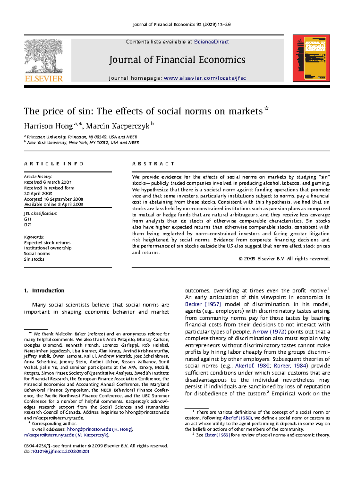 Sin - notes - The price of sin: The effects of social norms on markets ...