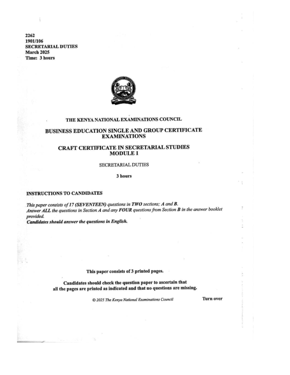 2262 Secretarial Duties Exam Paper - March 2025 (3 Hours) - Studocu