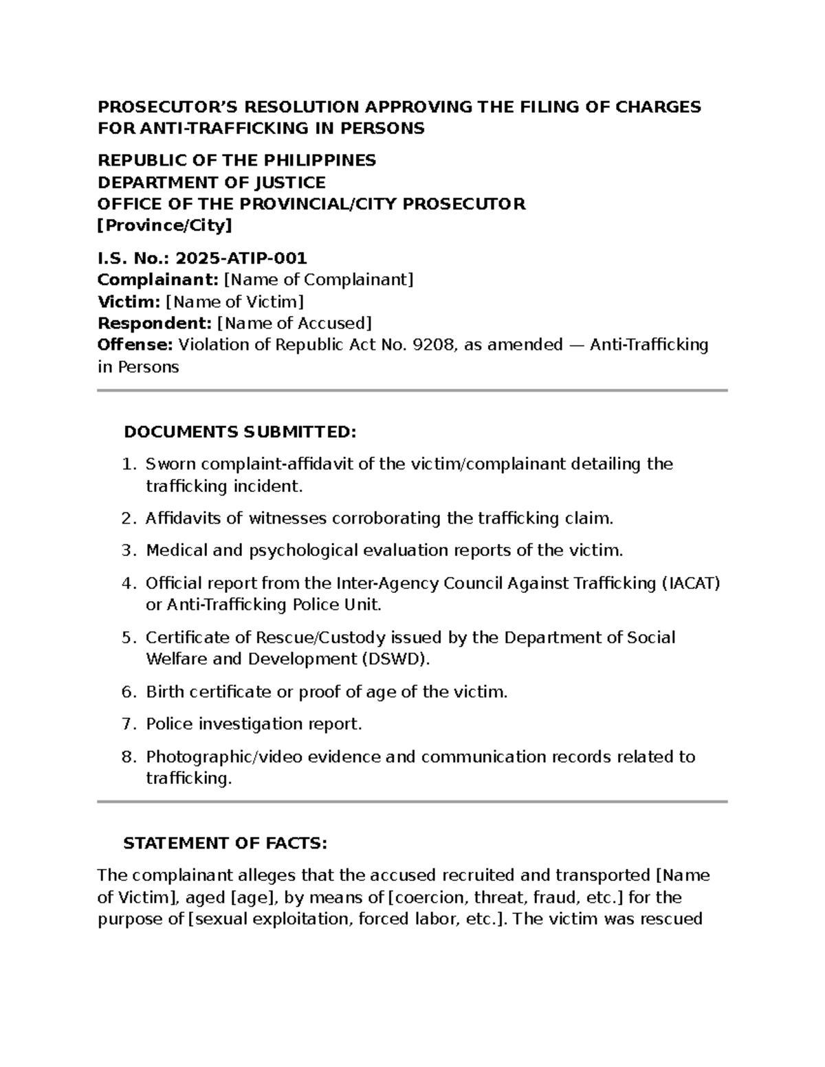 Resolution on Filing Charges for Violation of RA 9208: Anti-Trafficking ...
