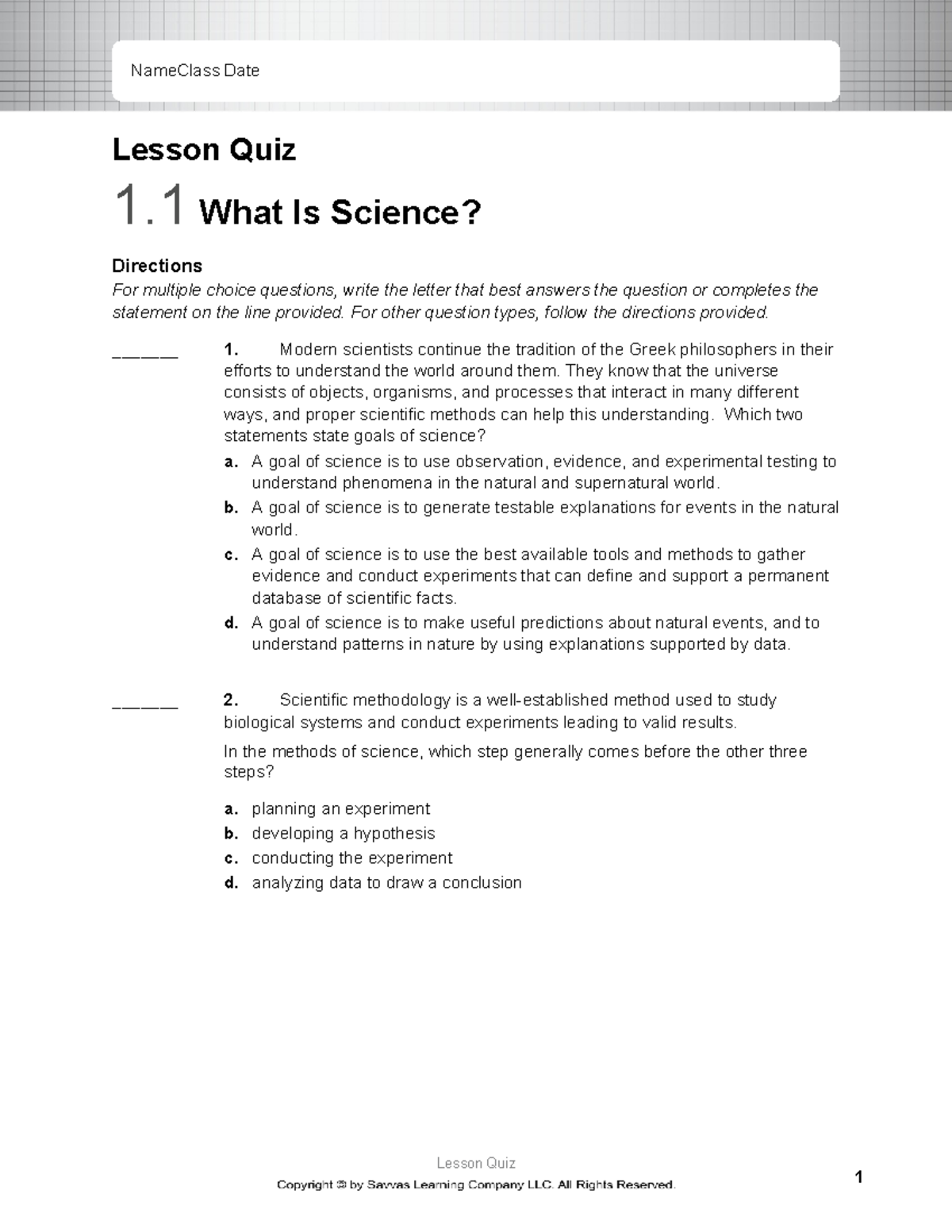 Editable Quiz - Lesson 1.1: What Is Science? (Name/Class/Date) - Studocu