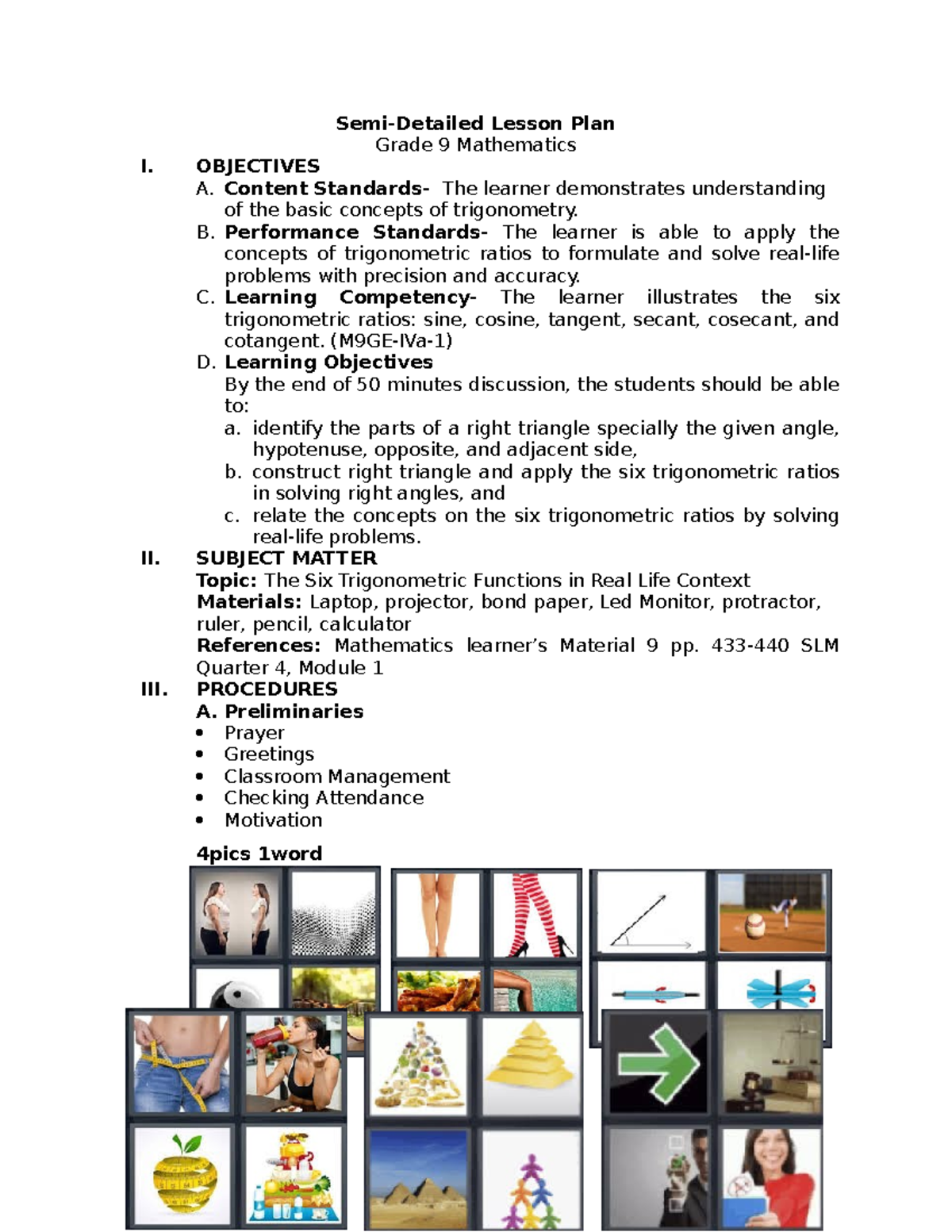 Grade 9 Math Lesson Plan: Trigonometric Functions & Ratios - Studocu