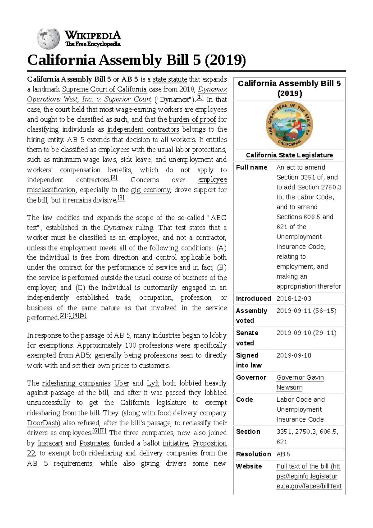 California Assembly Bill 5 (2019): Impacts on Employment Classification ...