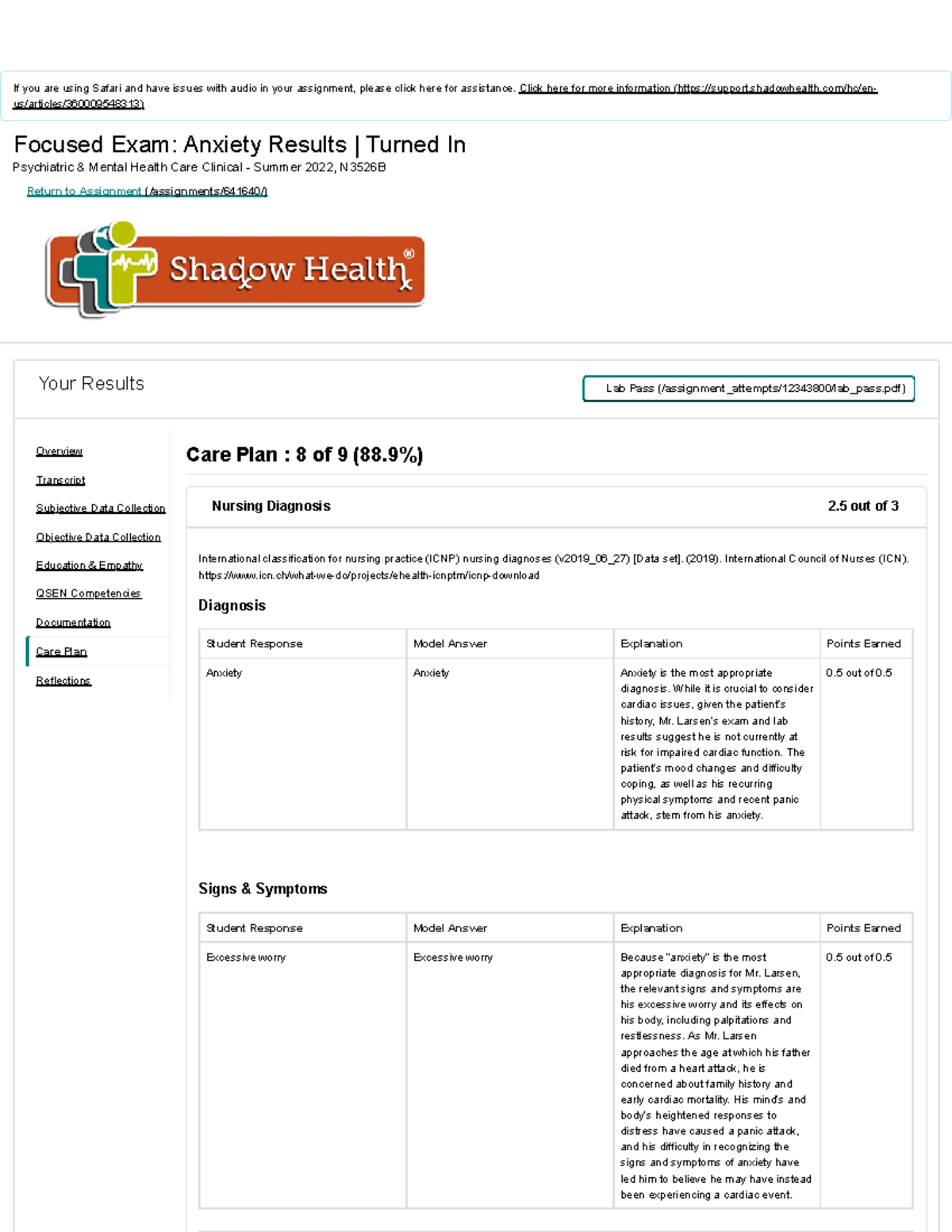 N3526B Focused Exam: Anxiety Results and Care Plan Insights - Studocu