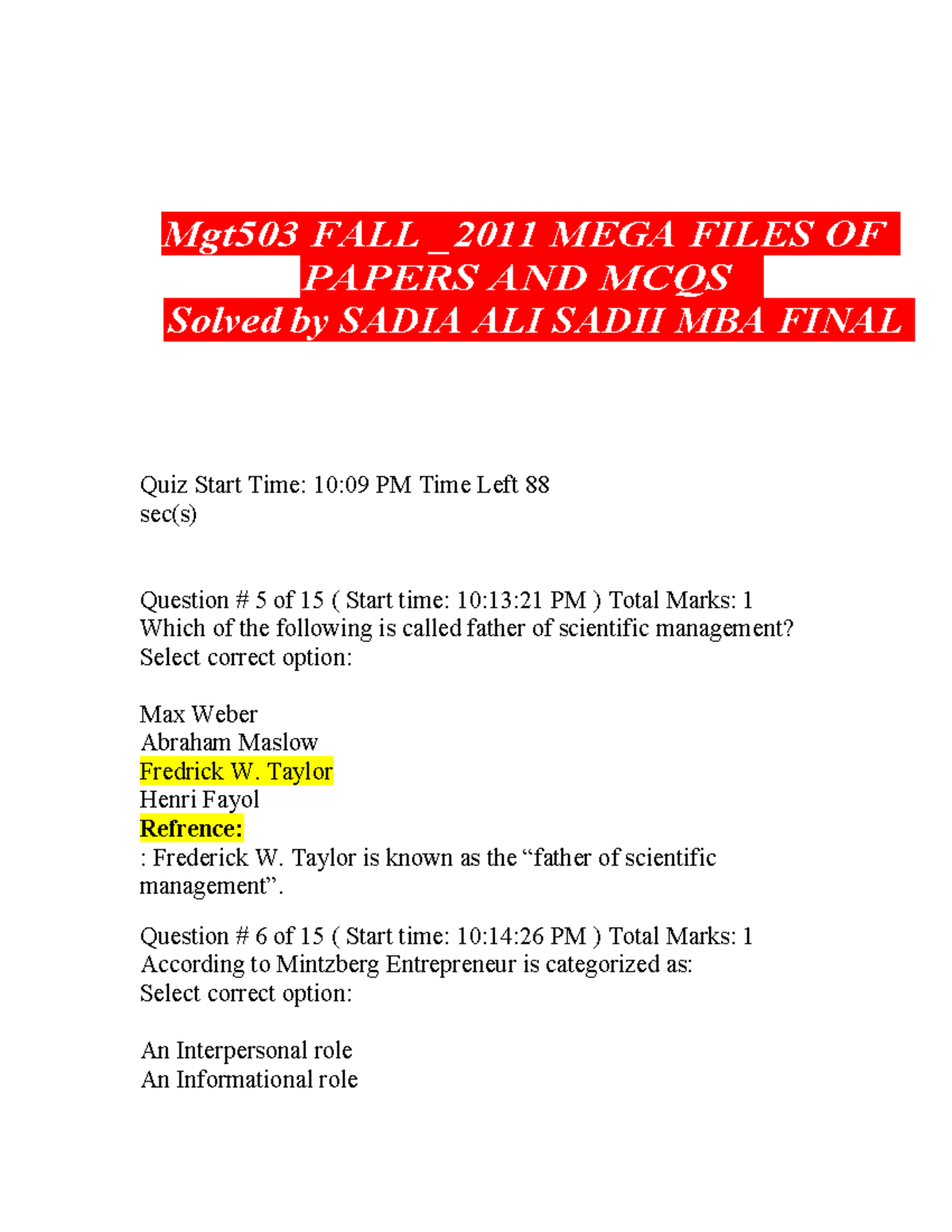 Mgt503 Midterm Paper: Mega Files of Papers and MCQs (Fall 2011) - Studocu