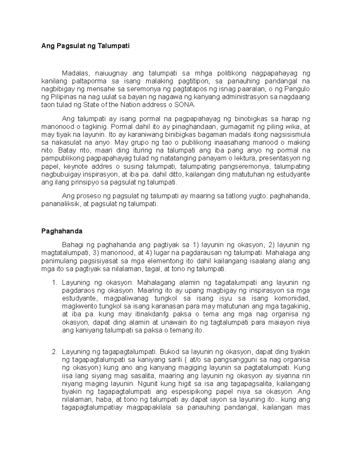 Pagsulat ng Epektibong Talumpati: Mga Estratehiya at Proseso - Studocu