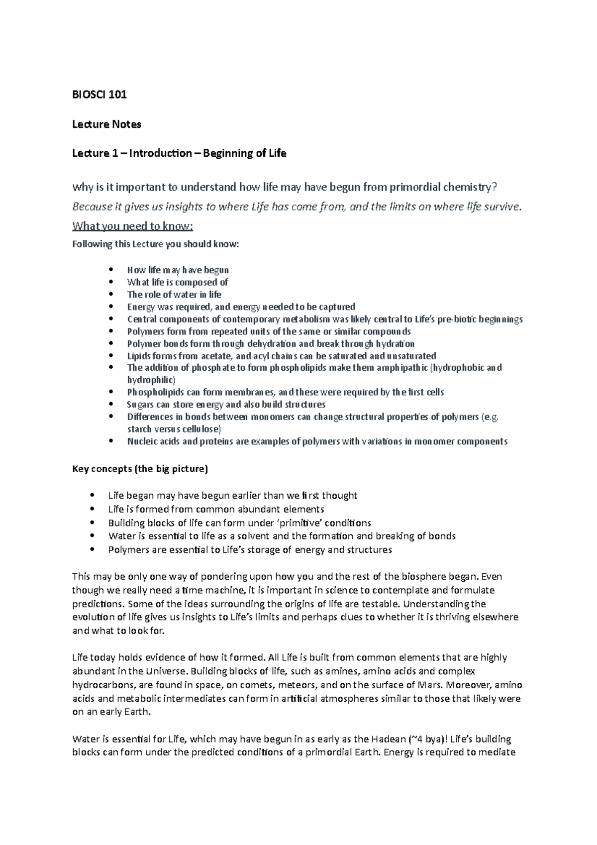 BIOSCI 101 lecture notes - BIOSCI 101 Lecture Notes Lecture 1 ...