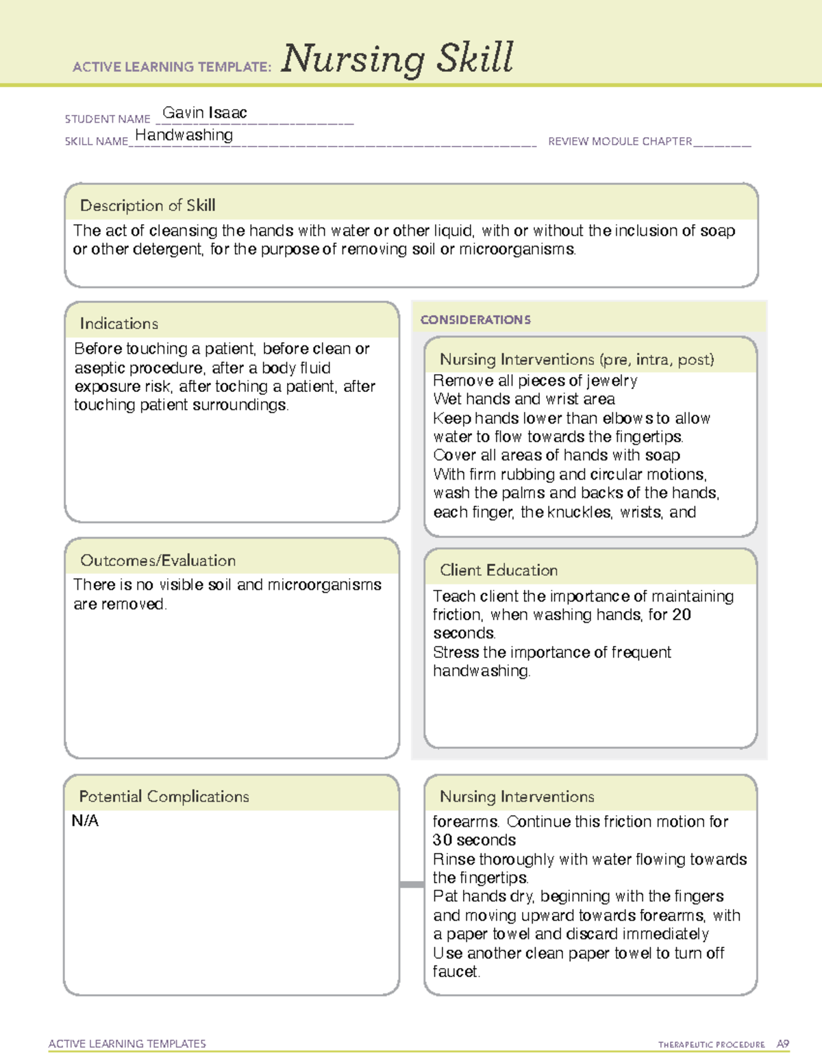 Skill Handwashing - Active Learning Template for Nursing A - Studocu