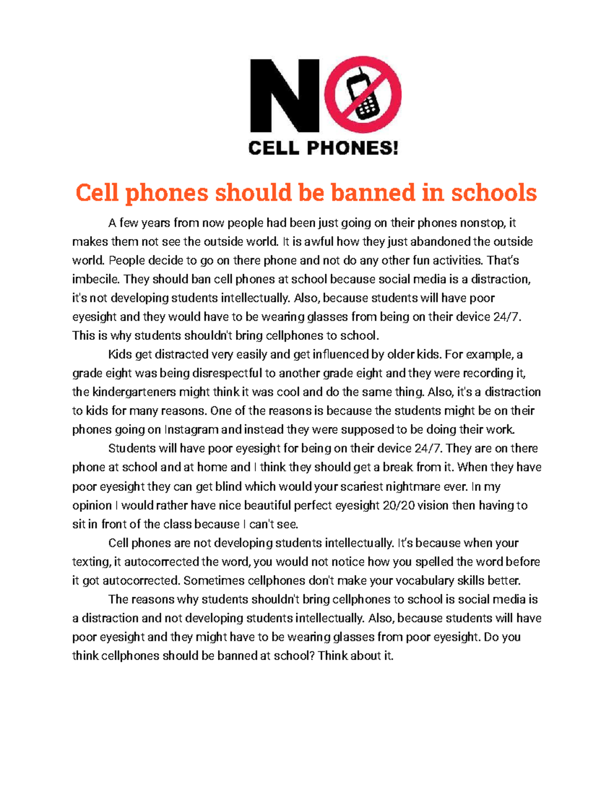 Essay - Cell phones should be banned in schools - Cell phones should be ...