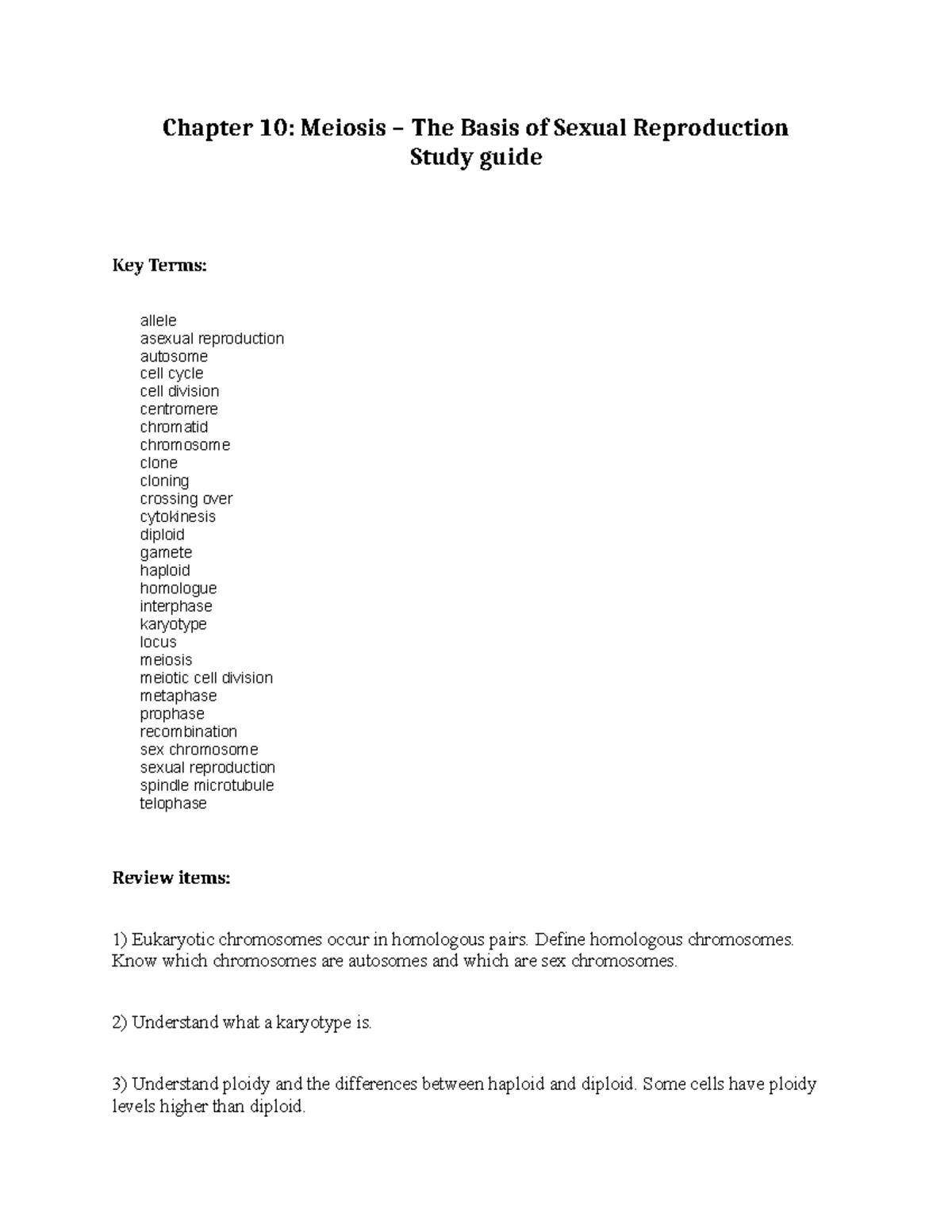 Chapter 10 Study Guide: Meiosis & Sexual Reproduction Concepts - Studocu