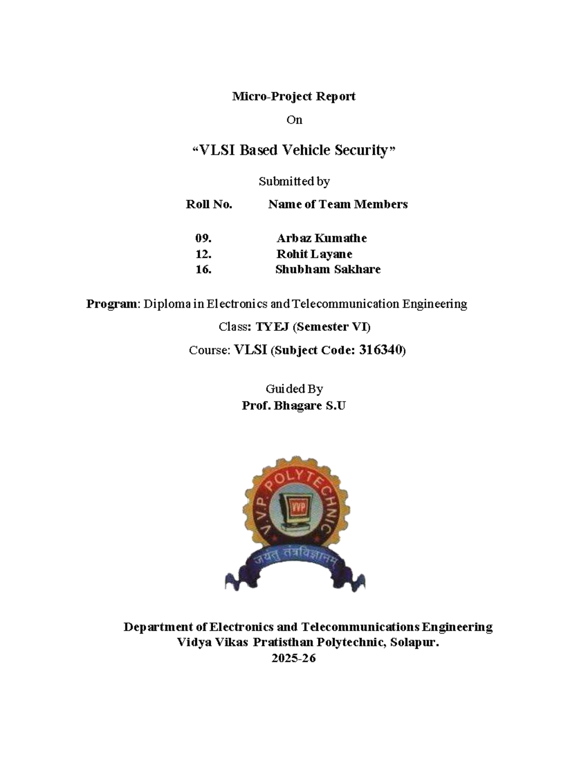 VLSI (316340) Project Report on Based Vehicle - TYEJ Sem VI - Studocu