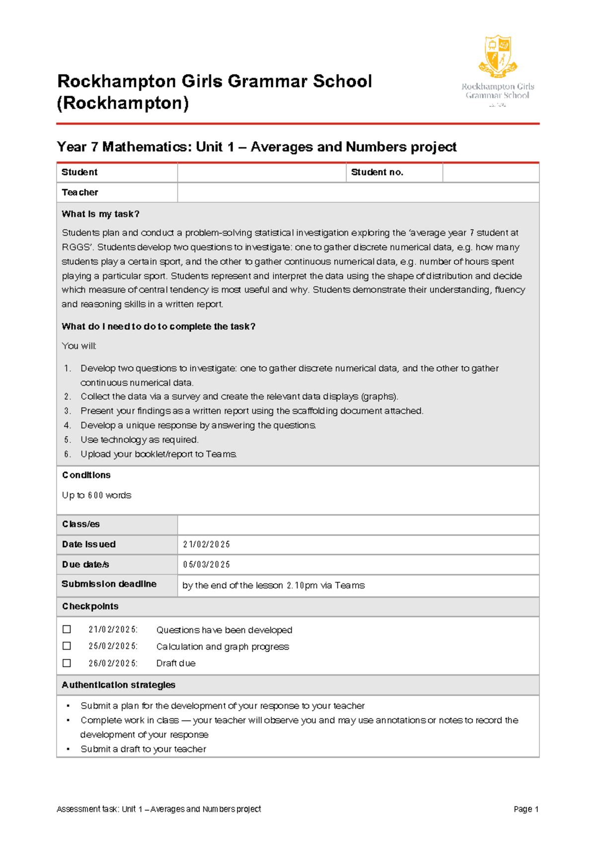 Statistical Investigation Project – Year 7 Mathematics Task 1 - Studocu