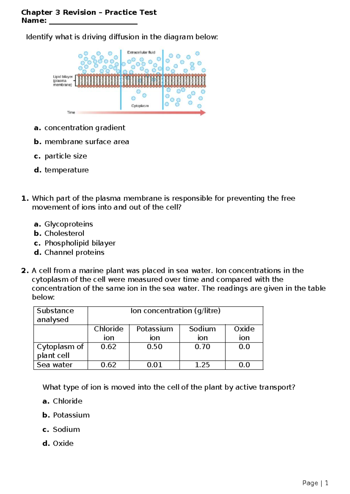 Chapter 3 Revision - Practice Test on Diffusion and Membrane Transport ...