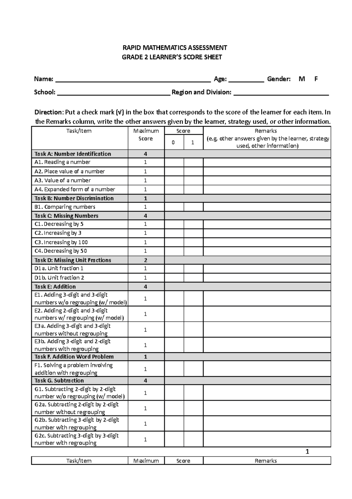 RMA Grade 2 Learner's Scoring Sheet - Assessment Results 2023 - Studocu