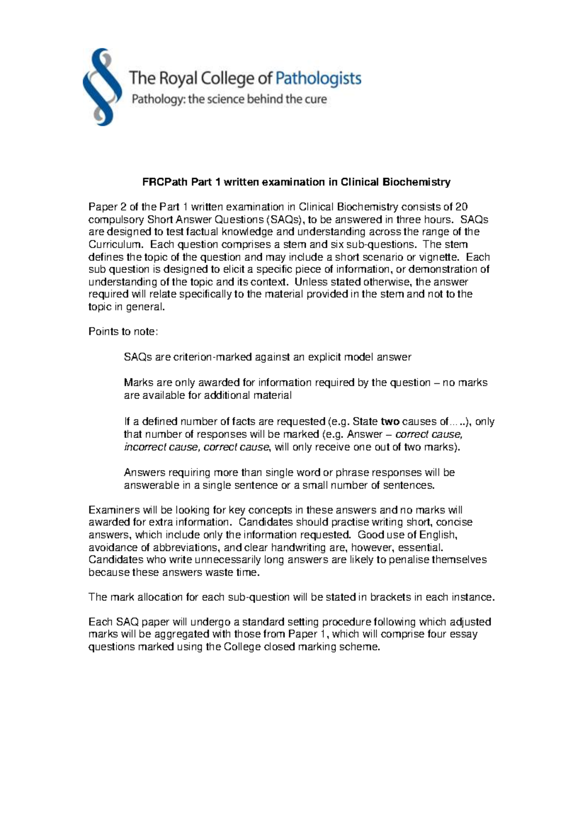 FRCPath Part 1 Clinical Biochemistry Exam: Sample SAQs Guide - Studocu