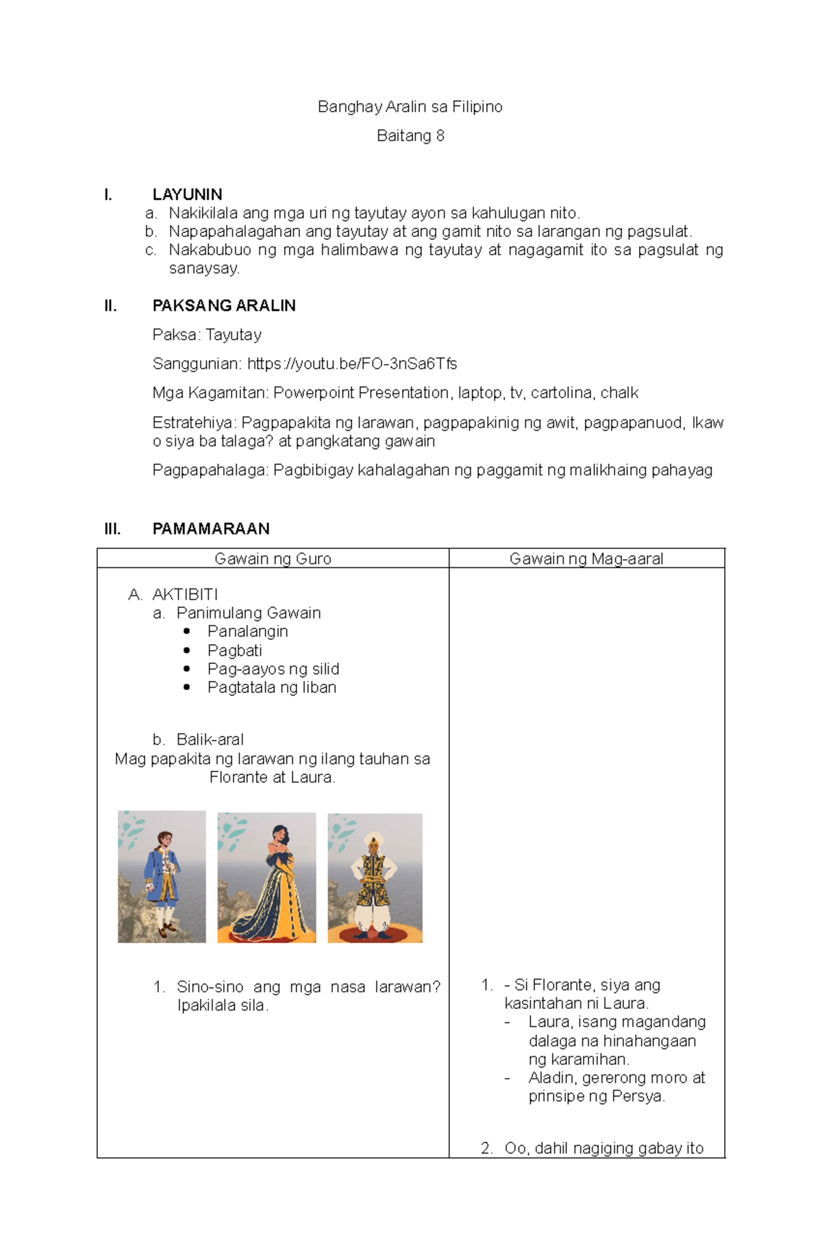 Banghay Aralin sa Tayutay para sa Baitang 8 (Filipino) - Studocu