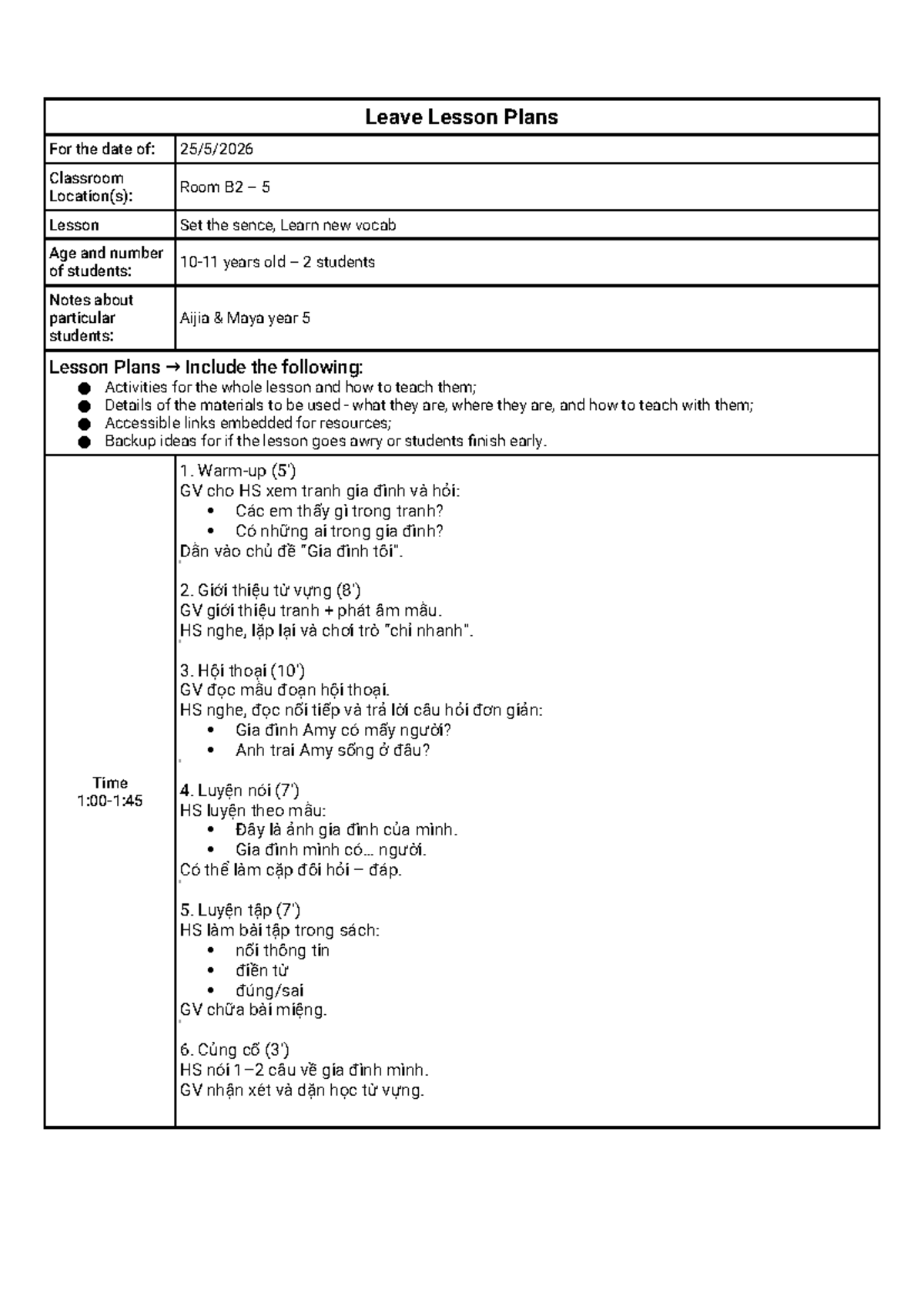 Leave Lesson Plans VAL1 Y5: Family Vocabulary & Activities - Studocu