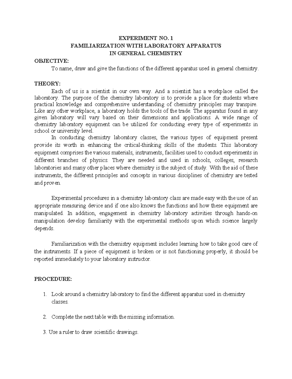 Familiarization with Common Lab Apparatus in Gen Chem (BS PSY-06103P ...
