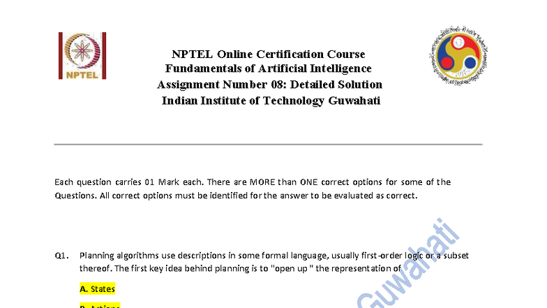 NPTEL NOC25 GE55 AI Assignment 08: Detailed Solutions - Studocu