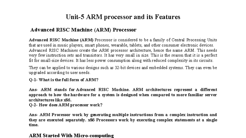 Unit-5: ARM Processor Features and Comparisons with x86 - Studocu