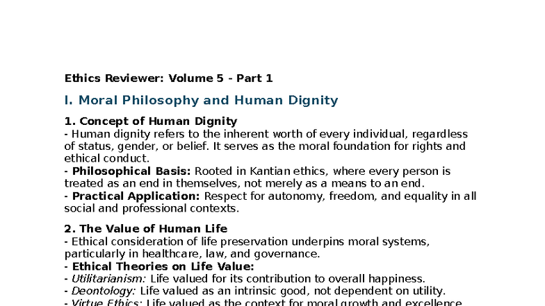 Ethics Reviewer: Vol 5 Part 1 - Human Dignity & Moral Responsibility - Studocu