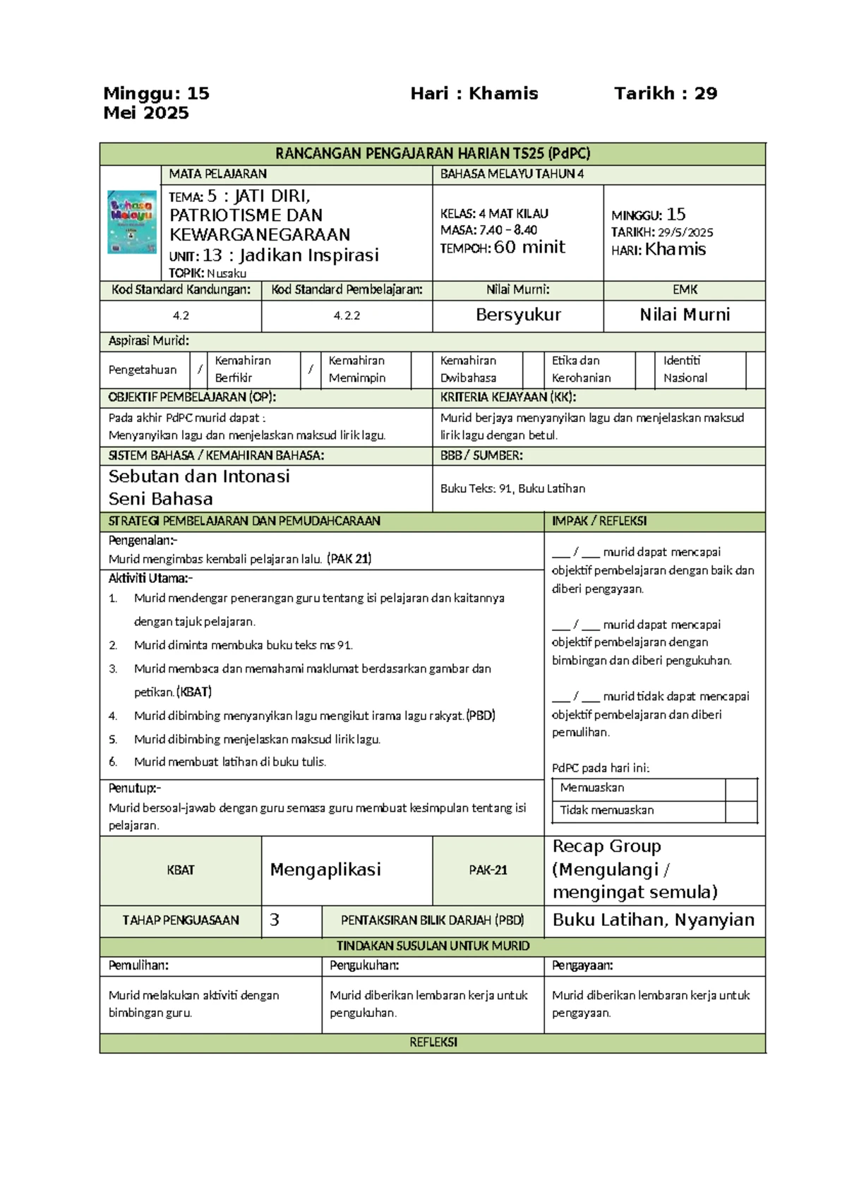 RPH M15: Rancangan Pengajaran Harian Reka Bentuk & Teknologi Tahun 4 - Studocu