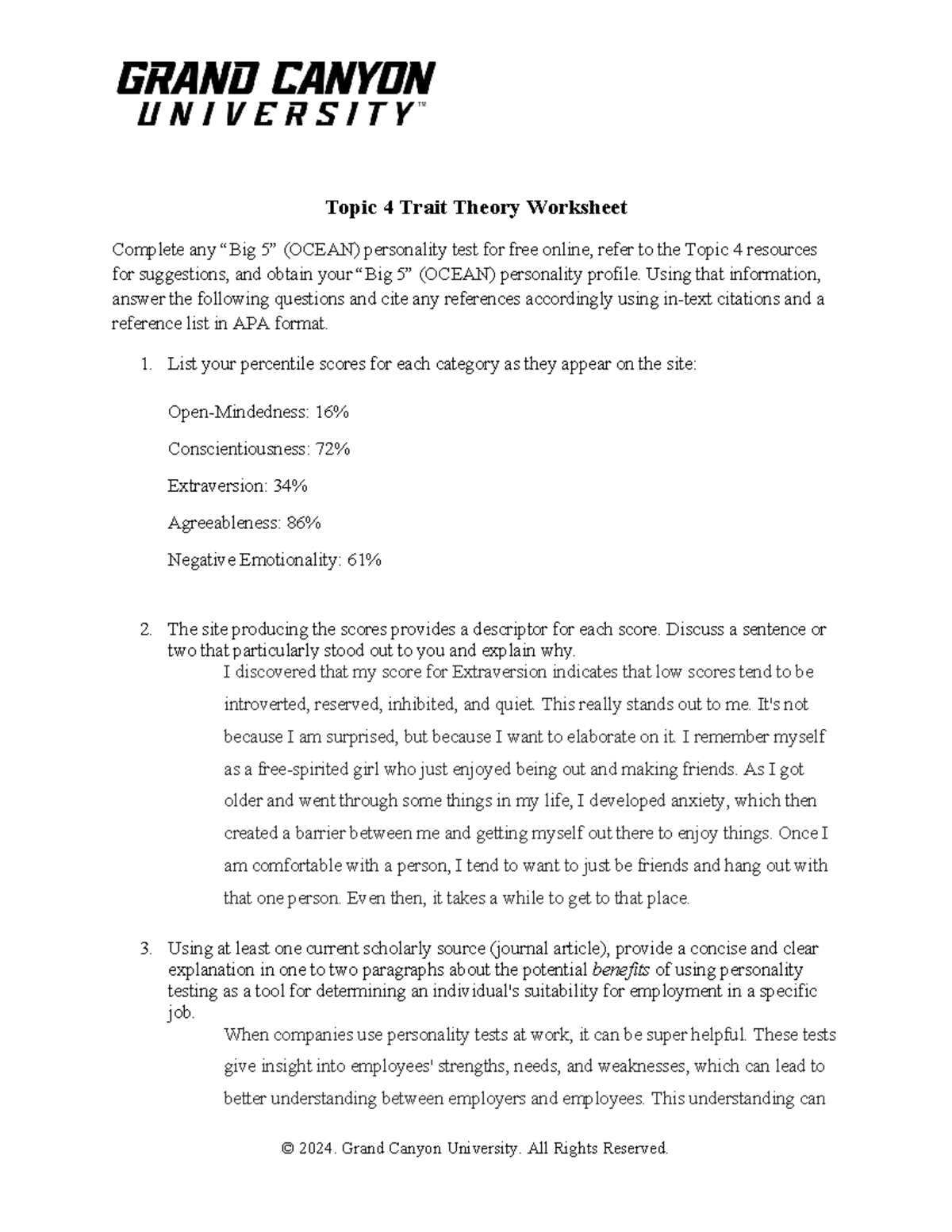 Trait Theory Worksheet: Exploring "Big 5" Personality Assessments - Studocu