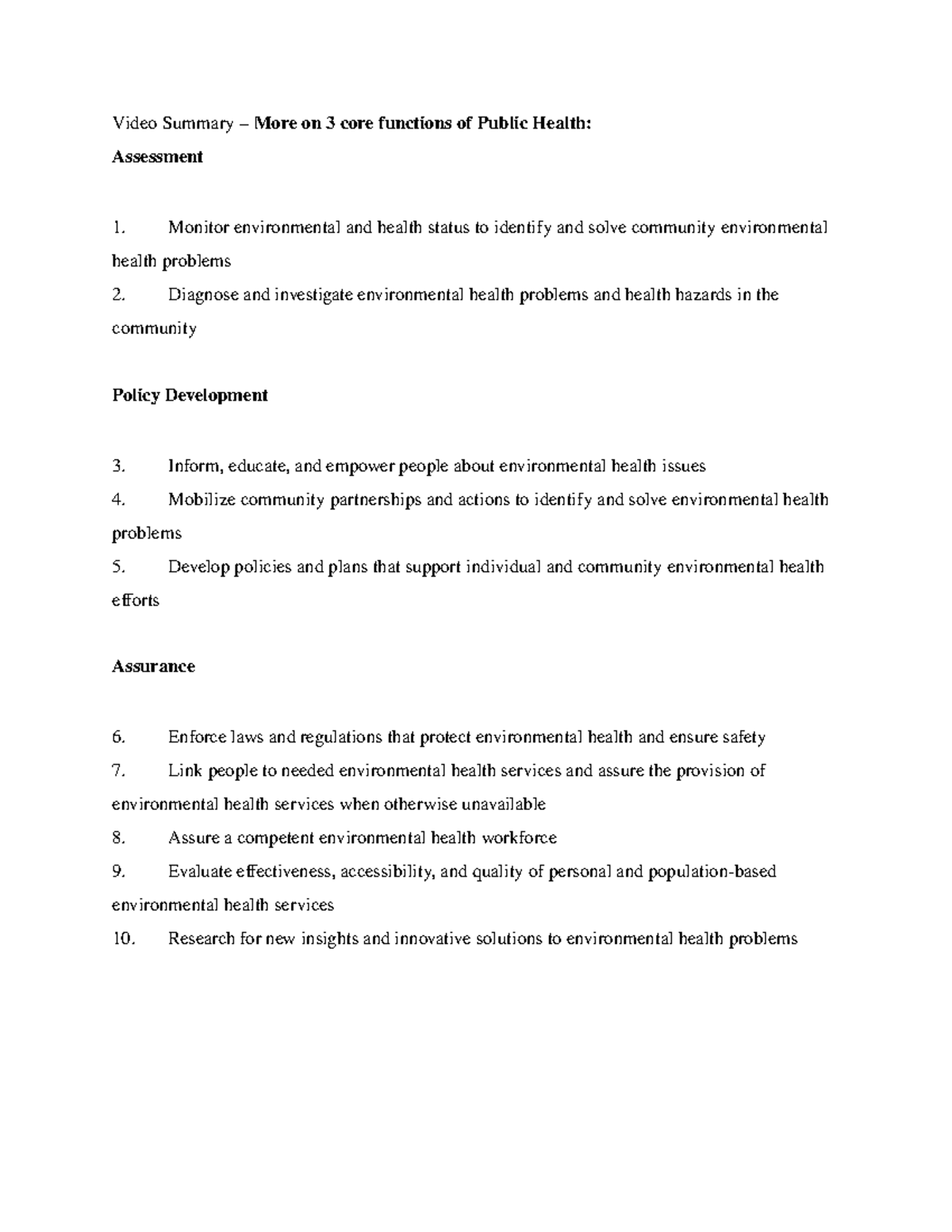 Video Summary - More on 3 core functions of Public Health - Video ...