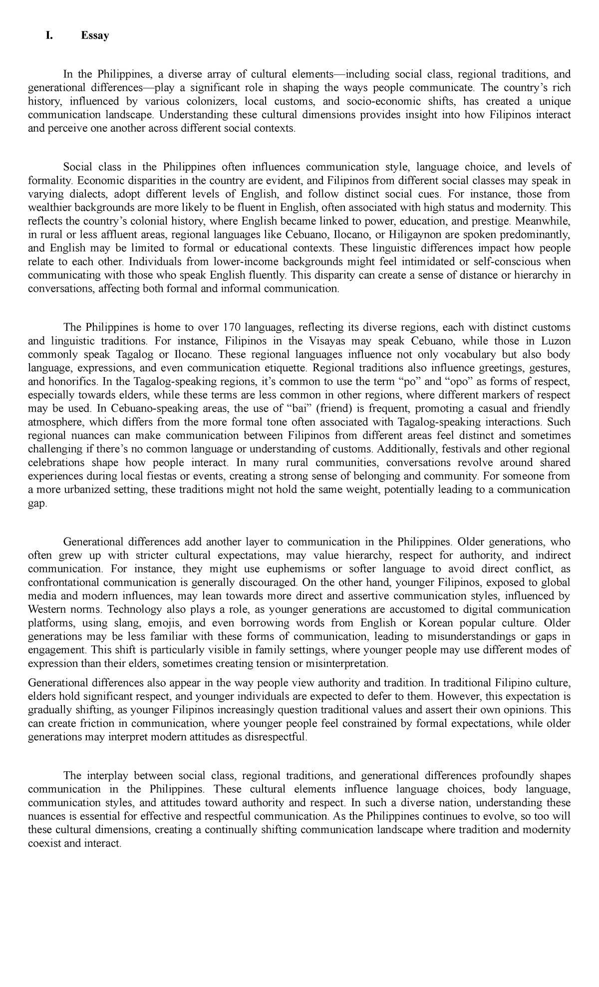 Cultural Communication Dynamics in the Philippines: An Essay (100 ...