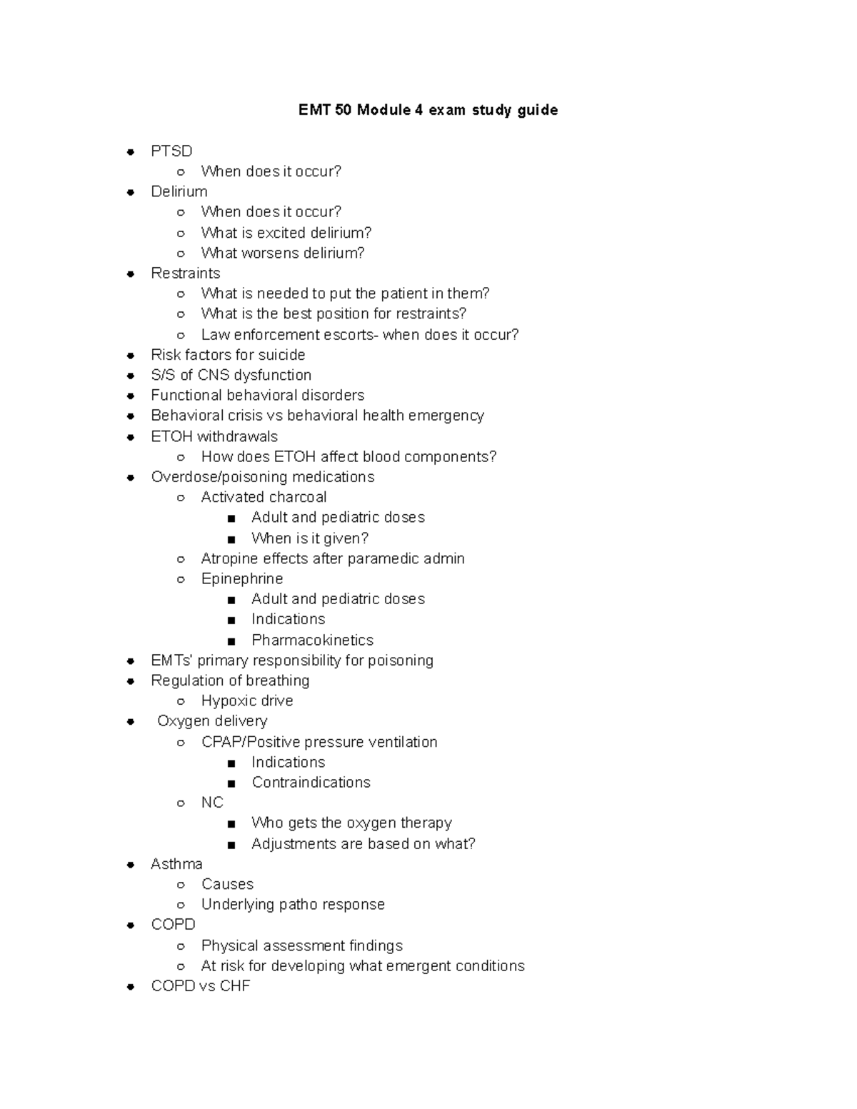 EMT 50 Module 4 Exam Study Guide: PTSD, Delirium, and Emergencies - Studocu