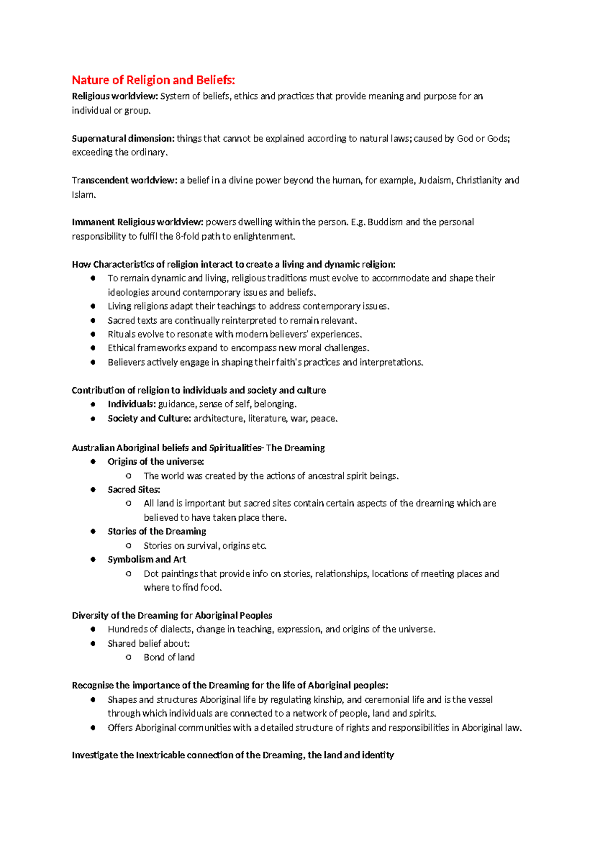 SOR II Band 6 Summary Notes: Nature of Religion & Beliefs - Studocu