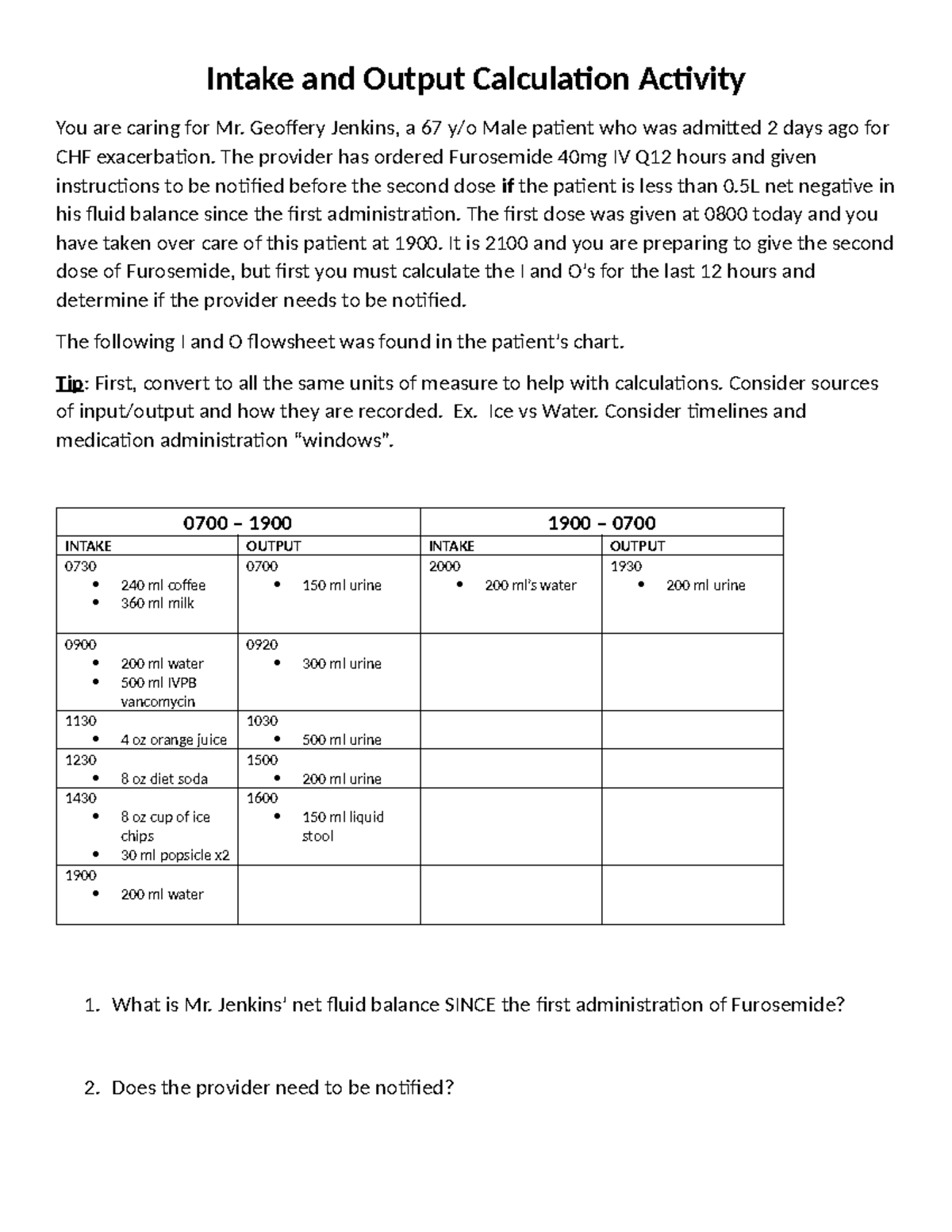 Intake and Output Calculation Activity - Geoffery Jenkins, a 67 y/o ...