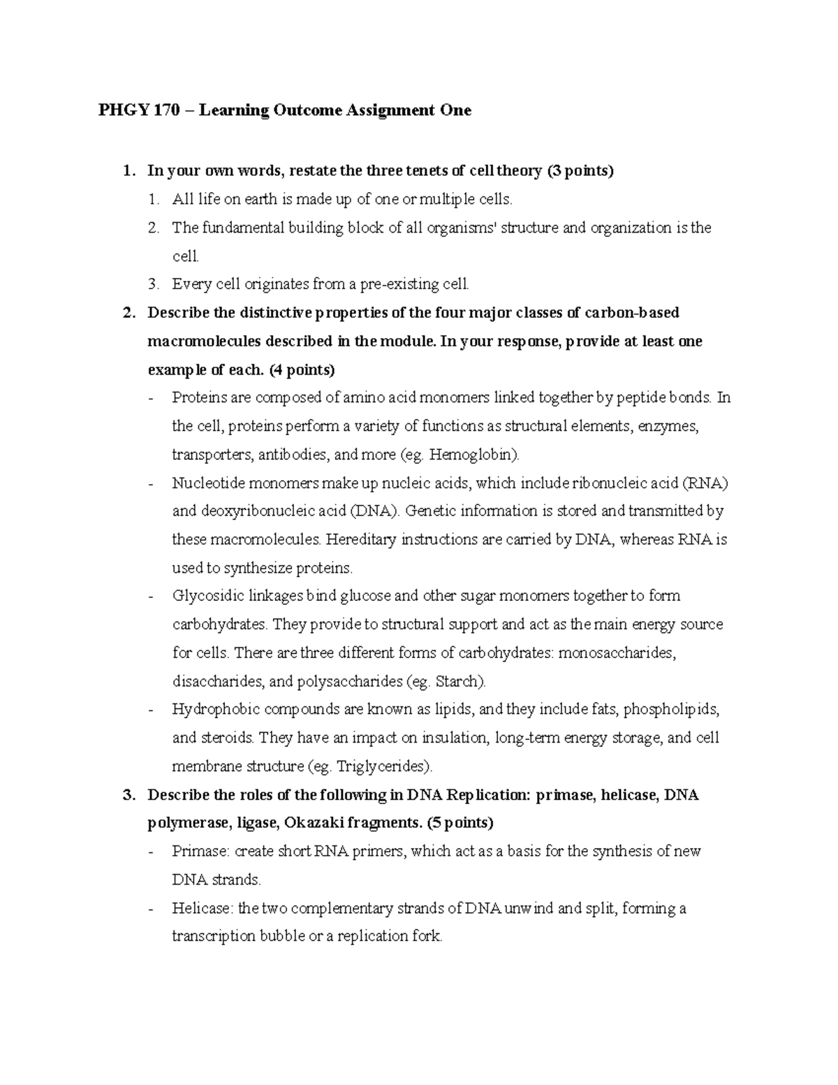 PHGY 170 – Learning Outcome Assignment 1: Cell Theory & Macromolecules ...