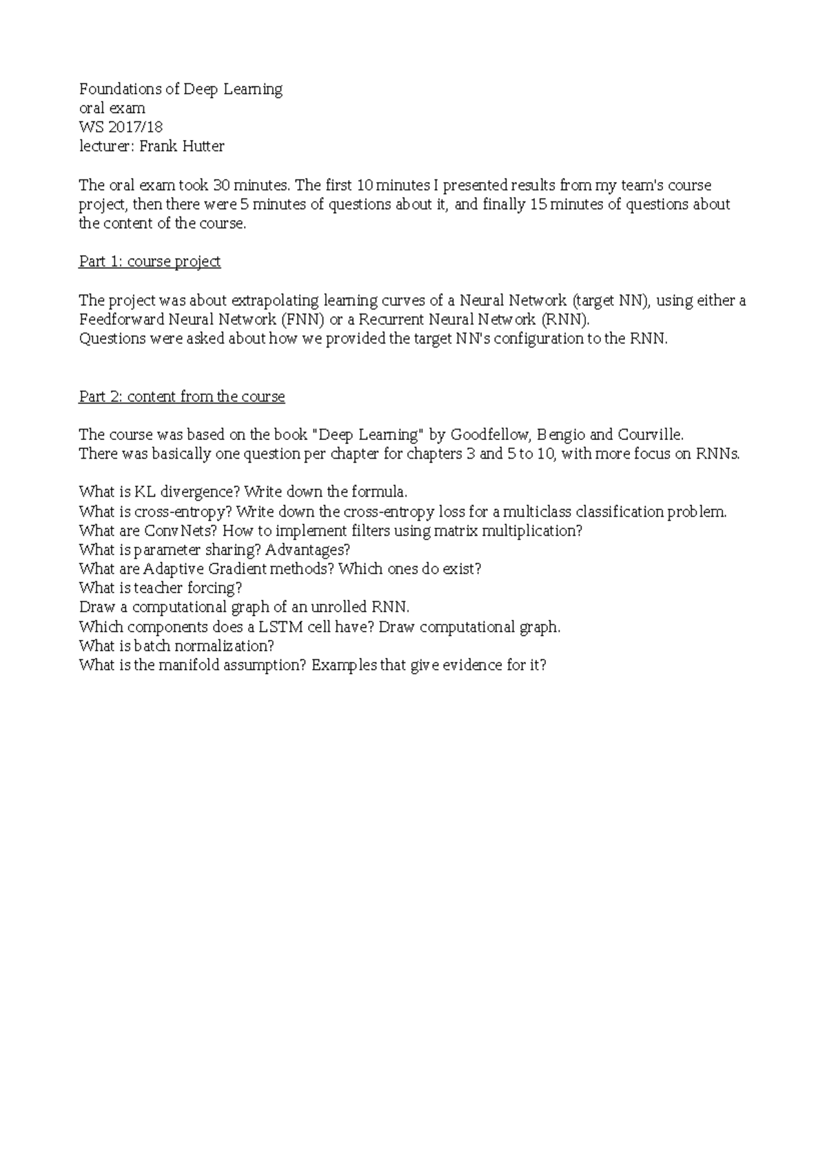 17-18 Deep Learning Oral Exam Notes with Frank Hutter - Studocu