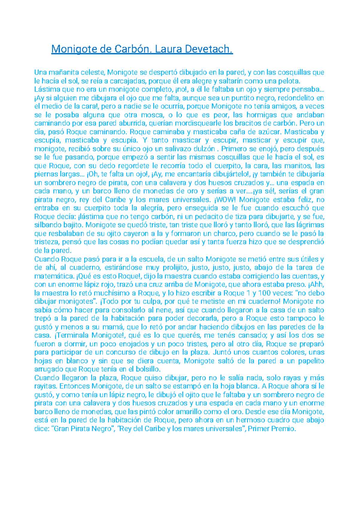 Monigote de Carbón: Un Cuento de Laura Devetach para Niños - Studocu