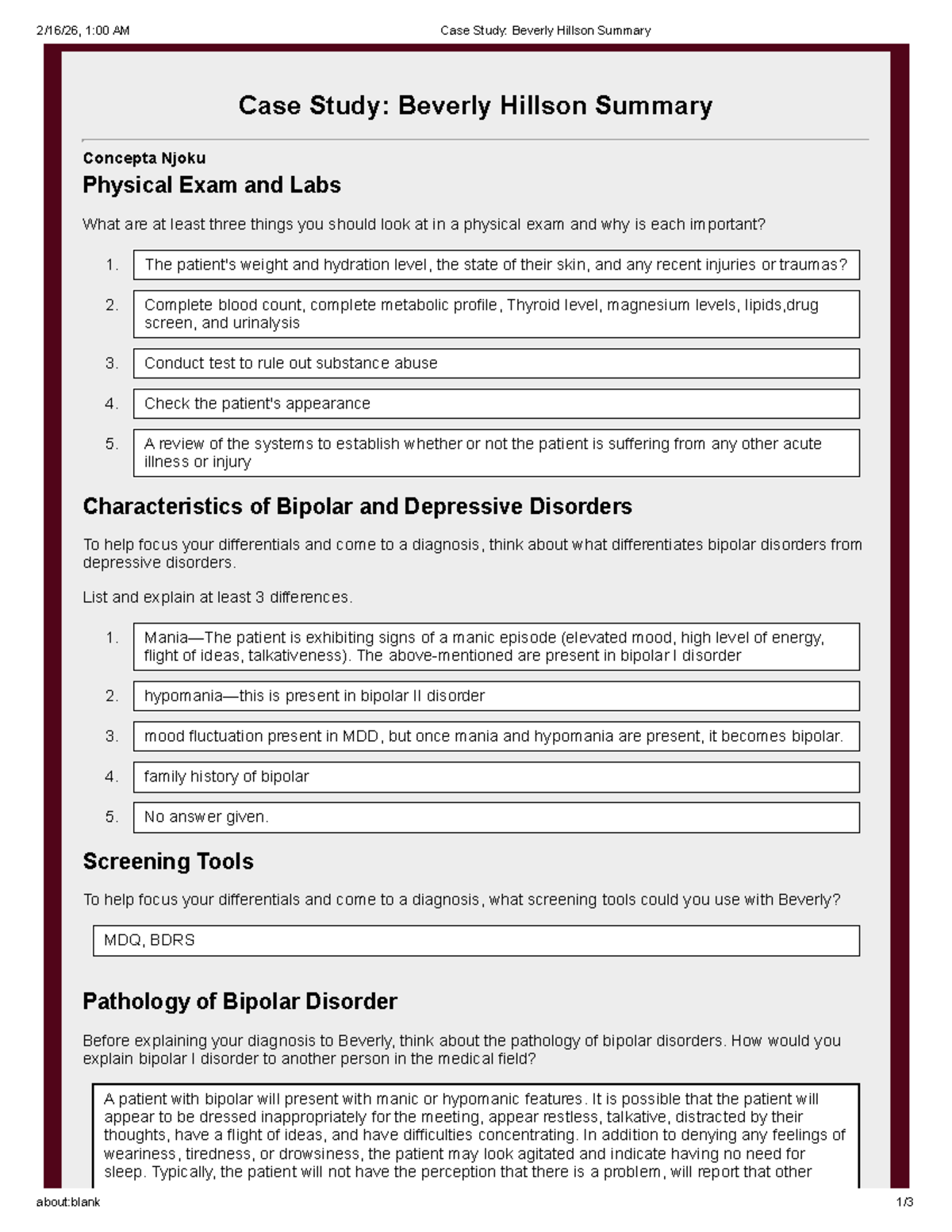 1:00 AM Case Study: Summary of Beverly Hillson's Diagnosis and ...