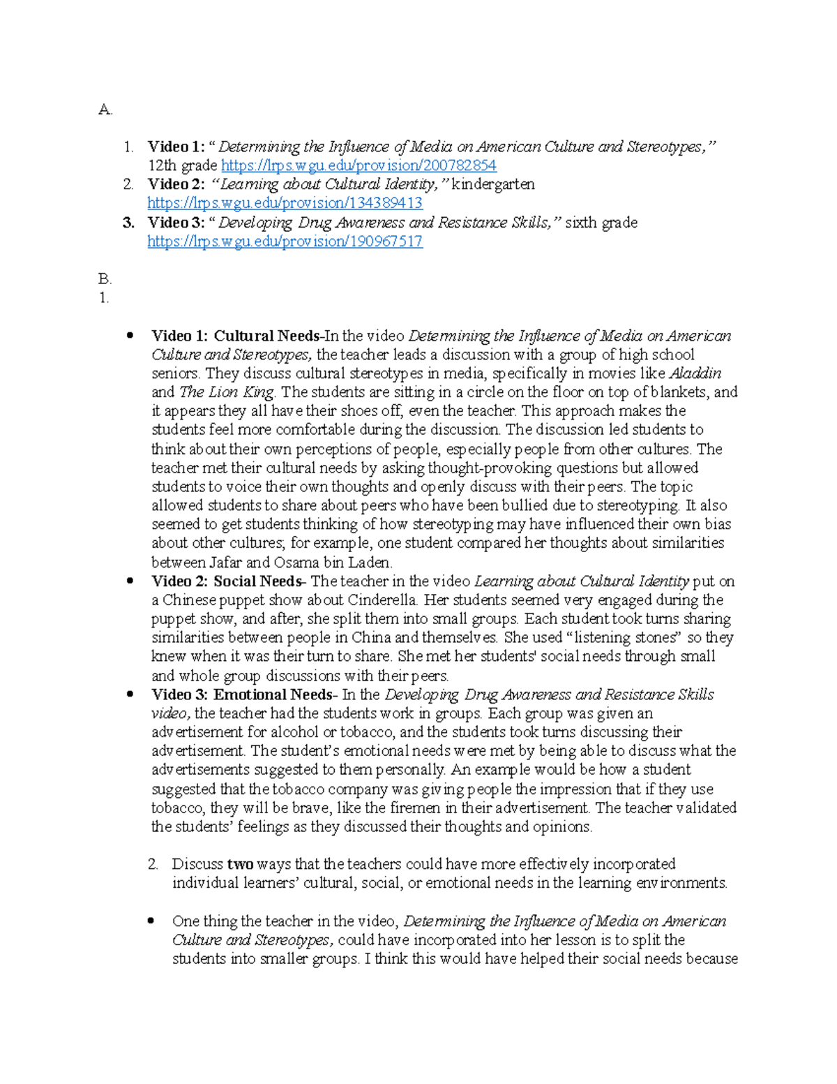 D090 Task 1 - passed - A. Video 1: “Determining the Influence of Media ...